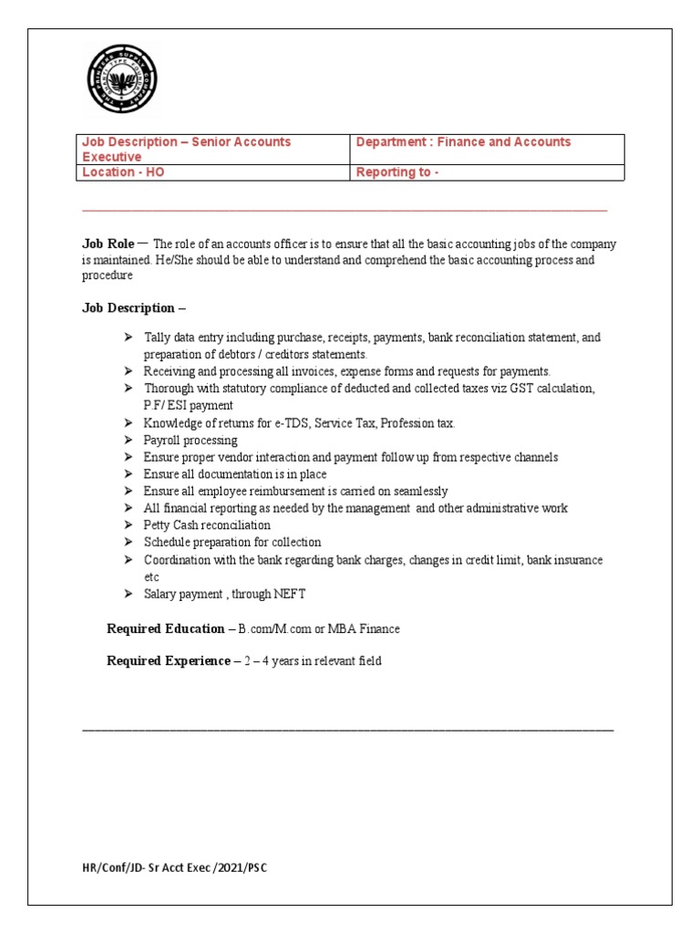 Senior Accounts Executive Job Description | PDF