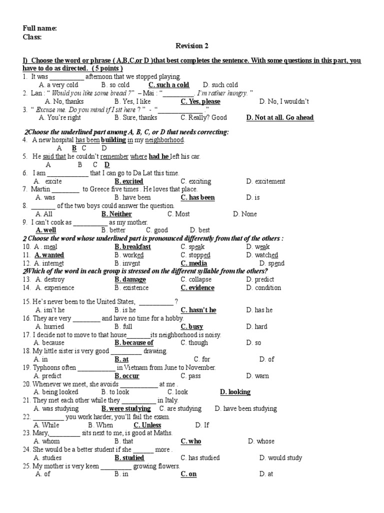 English Exam Practice Test with Multiple Choice Questions and Fill in ...