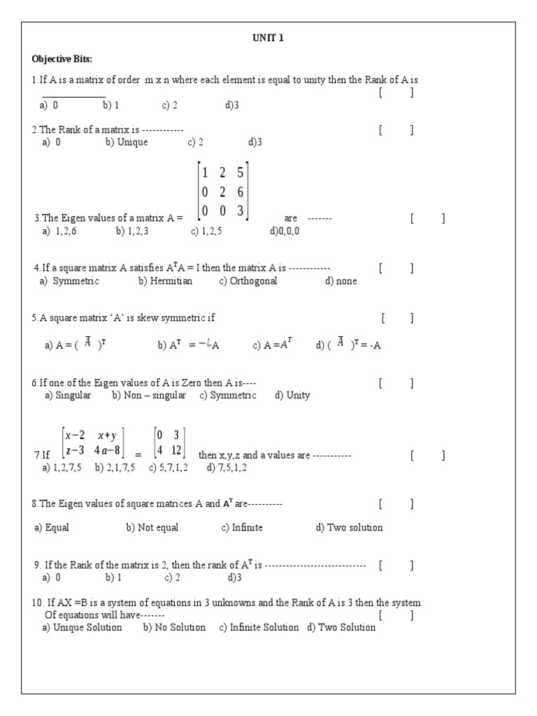 Unit 1 Objective | PDF | Matrix (Mathematics) | Eigenvalues And ...
