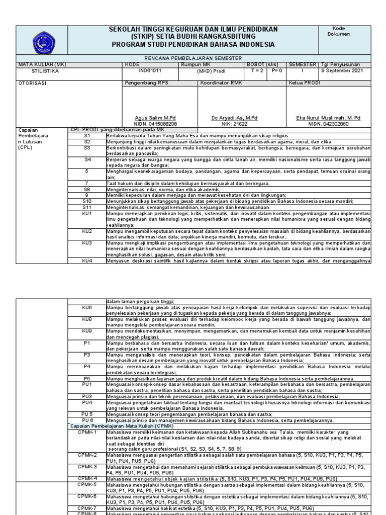 Rps Stilistika Dosen Agus Salim, M.PD | PDF