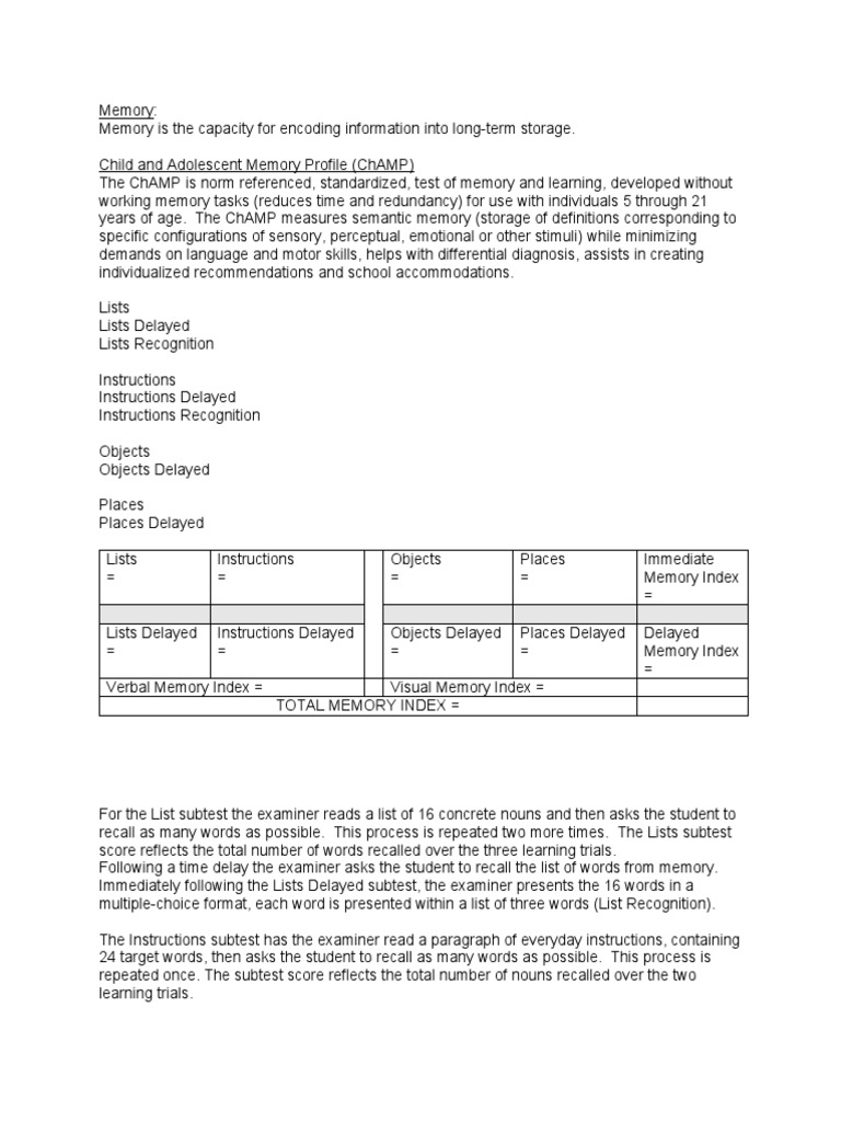 Template Memory ChAMP | PDF | Memory | Test (Assessment) Template Memory ChAMP | PDF | Memory | Test (Assessment)