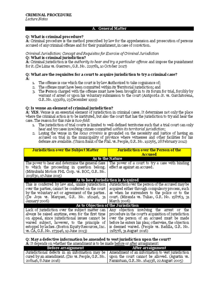 Criminal Procedure Lecture Notes | PDF | Prosecutor | Crimes