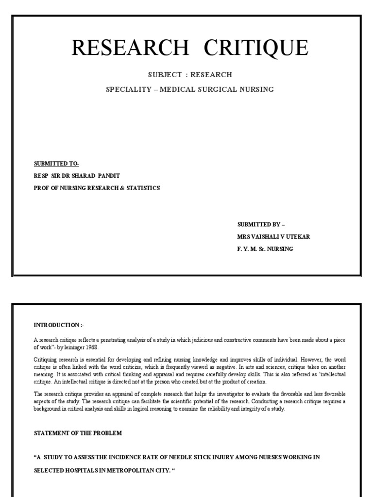 Research Critique: Subject: Research Speciality - Medical Surgical ...