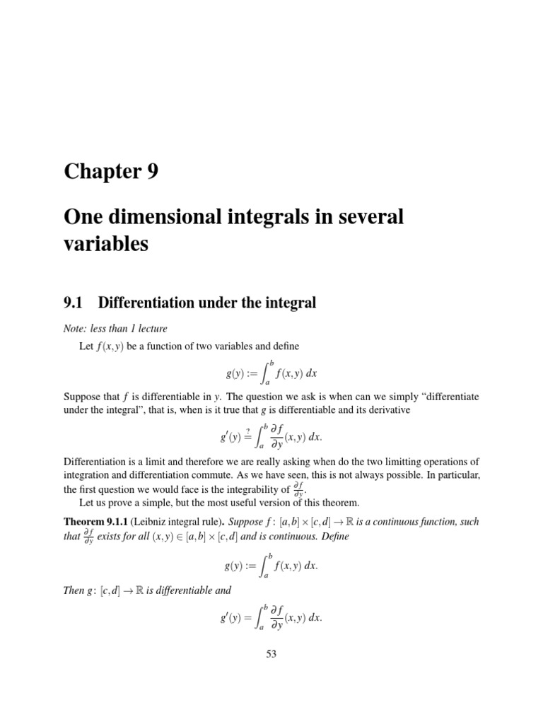 One Dimensional Integrals in Several Variables: 9.1 Differentiation ...