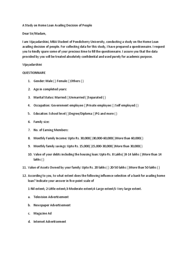 Questionnaire On Housing Loan Decisions | PDF | Loans | Mortgage Loan