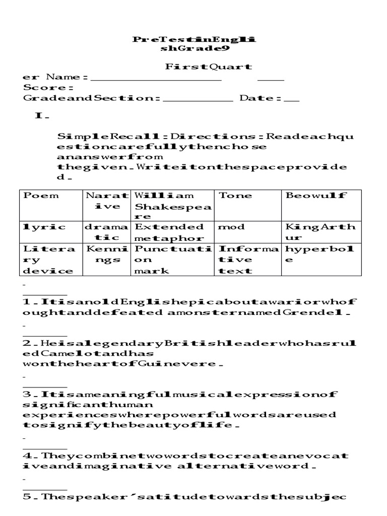 Grade 9 English Pre-Test Questions | PDF | Writing | Poetics