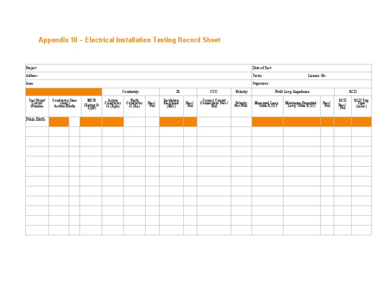 Appendix 10 Electrical Installation Testing Record Sheet | PDF