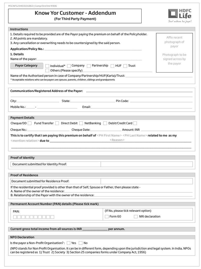 Know Yor Customer - Addendum: (For Third Party Payment) | PDF ...