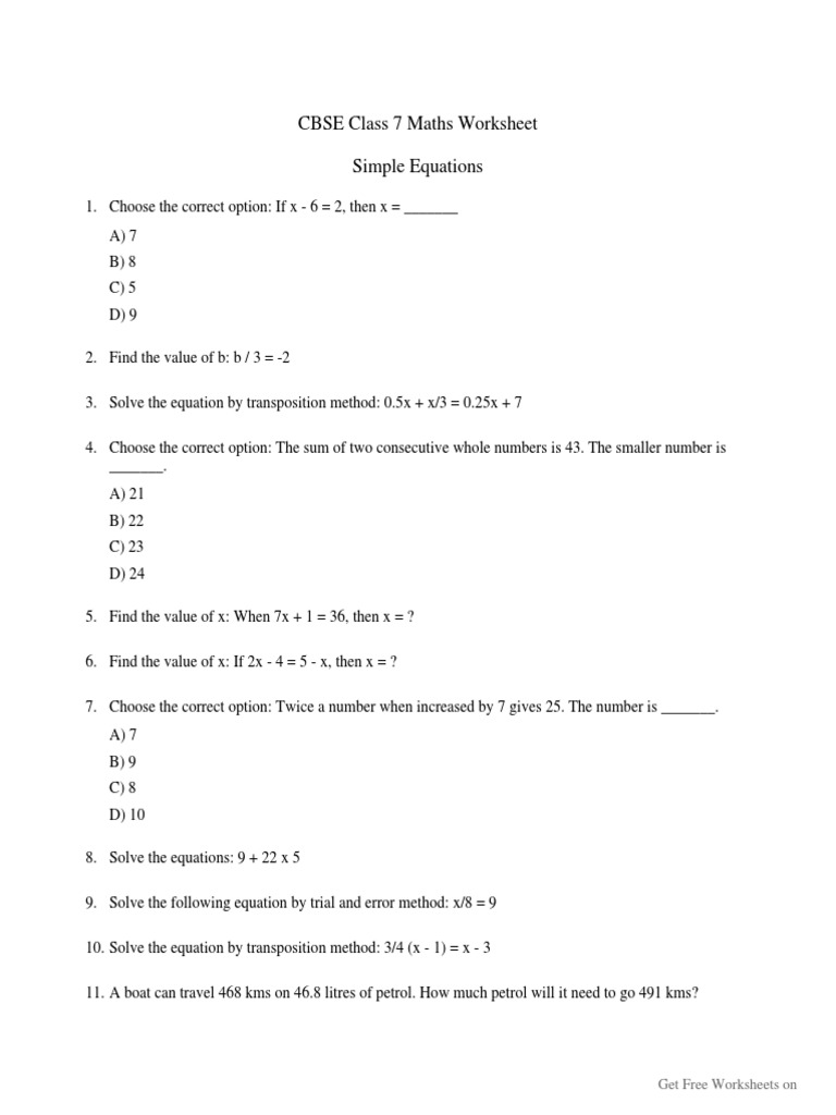 CBSE Class 7 Maths Worksheet Simple Equations: Get Free Worksheets On ...