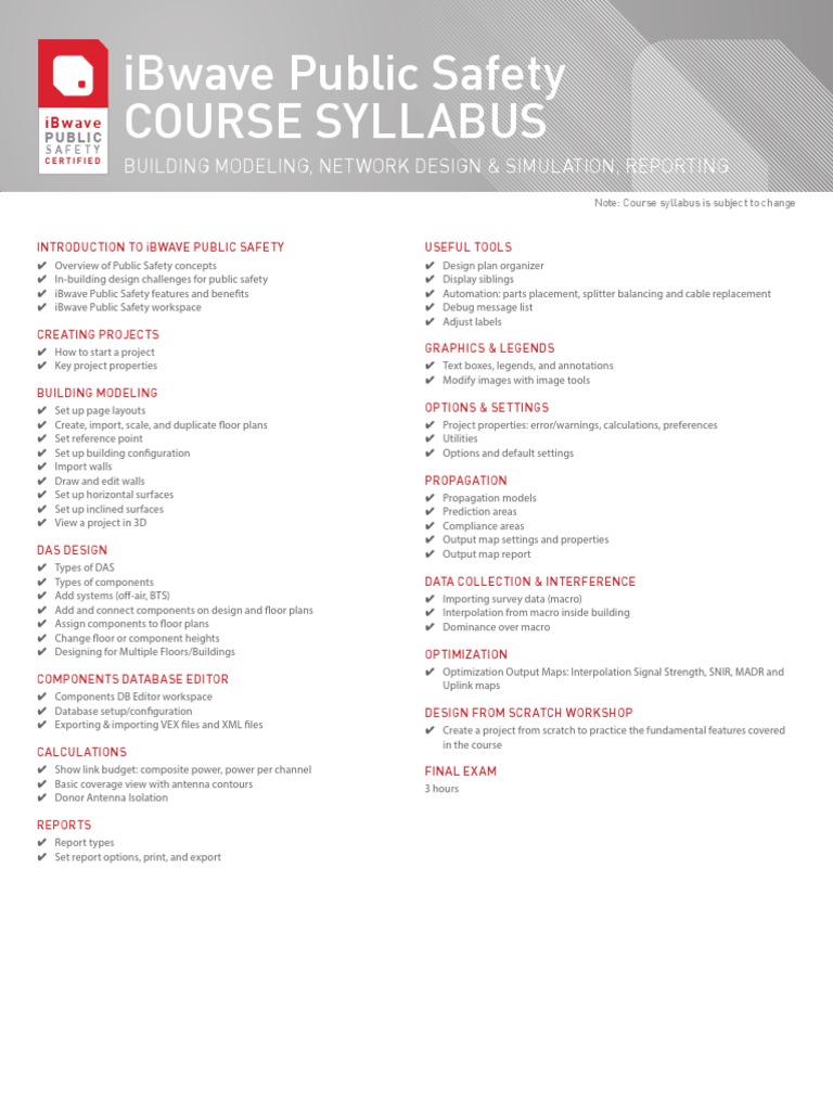 Ibwave Public Safety Course Syllabus: Building Modeling, Network Design ...