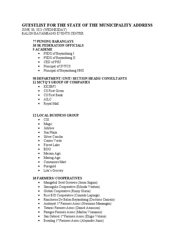 Guestlist For The State of The Municipality Address | PDF