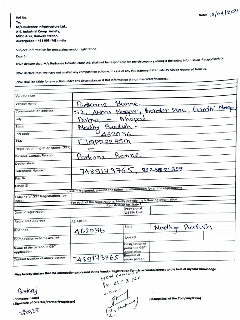 Vendor Registration Information for Rudranee Infrastructure Ltd. | PDF ...