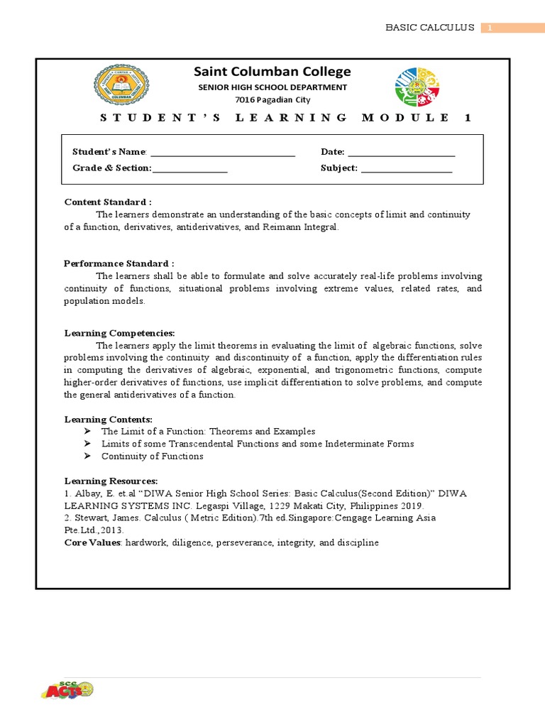 Basic Calculus Module 1 | PDF | Function (Mathematics) | Limit ...