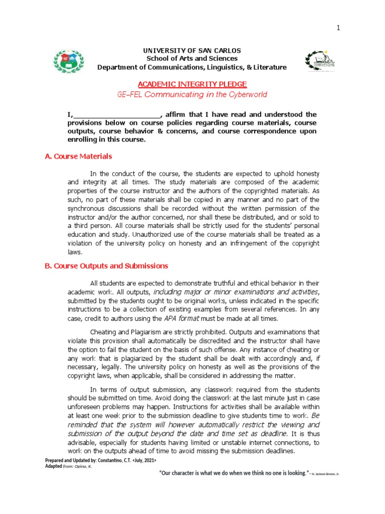 GE FEL CCW Academic Integrity Pledge As of July 2021 | PDF | Academic ...