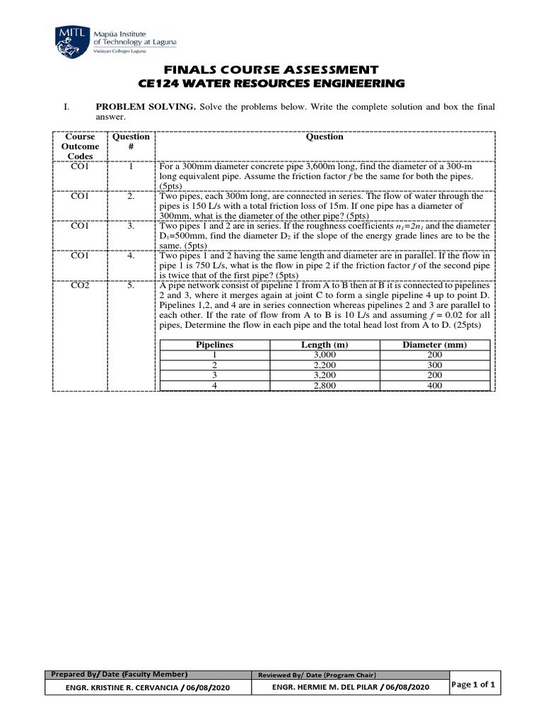 CE124 FInals Exam Problem Solving | PDF | Classical Mechanics | Fluid ...