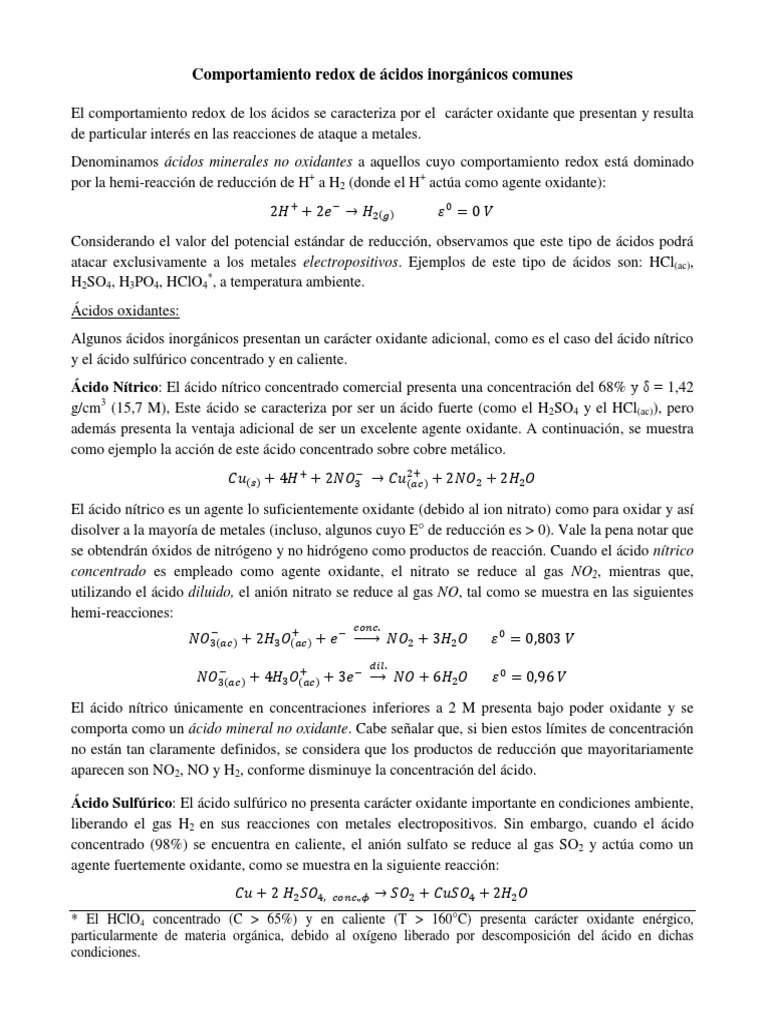 Comportamiento redox ácidos inorgánicos | PDF | Ácido | Redox