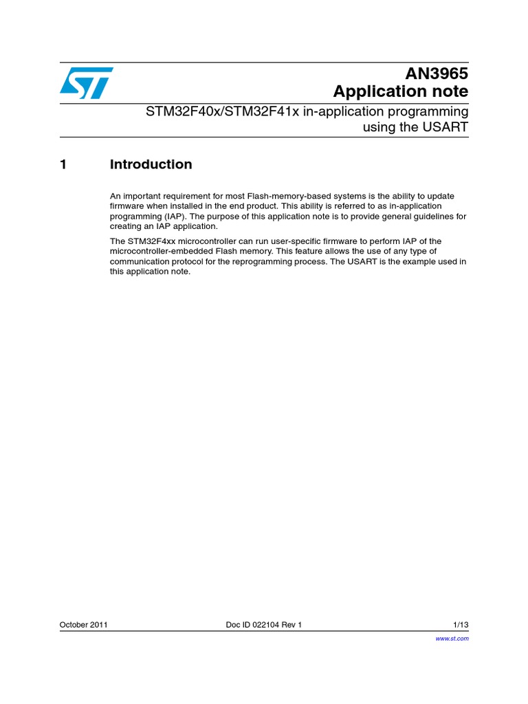 DM00036049 - STM32F41x In-Application Programming Using The USART | PDF | Computer File | Flash ...
