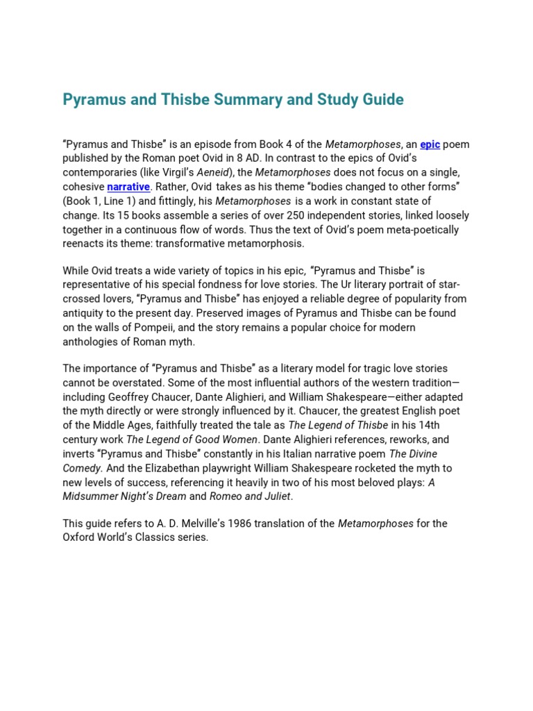 3.pyramus and Thisbe Summary and Study Guide | PDF