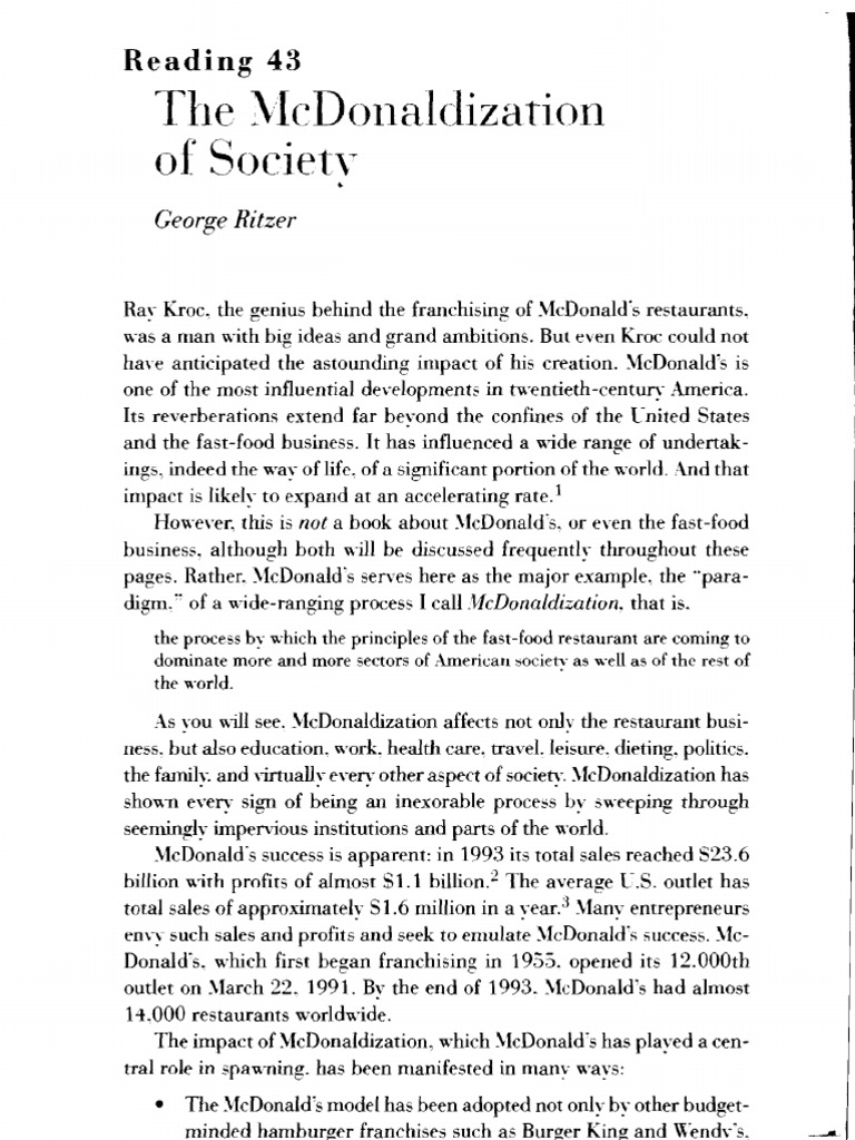 McDonaldization Ritzer | PDF | Mc Donald's | Fast Food Restaurants