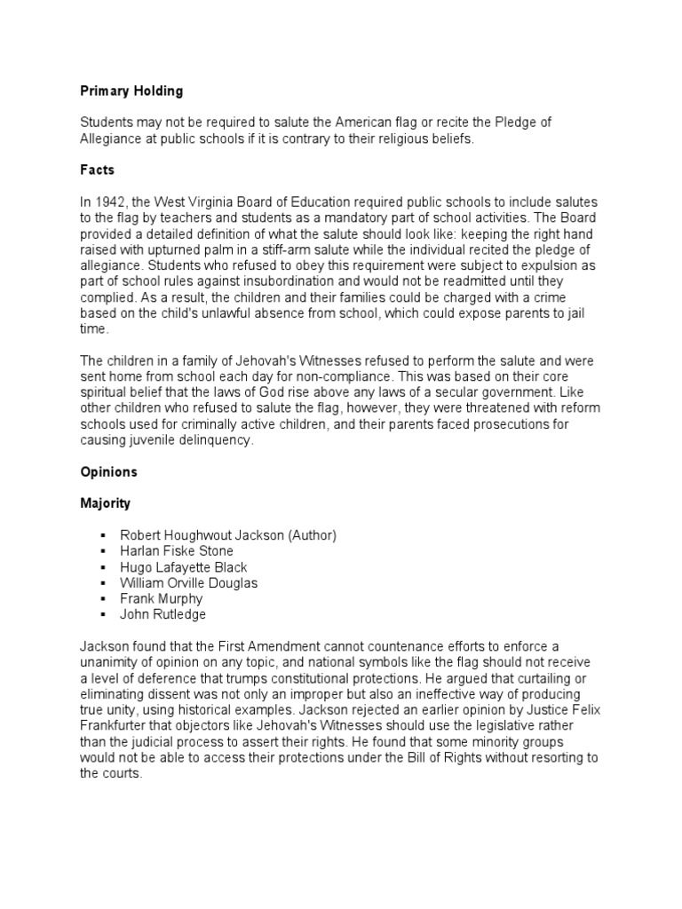 West Virginia v. Barnette: Key Ruling | PDF | Fourteenth Amendment To ...