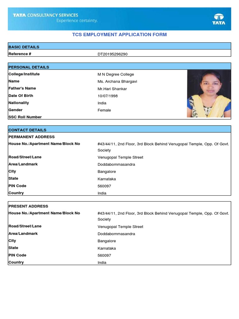 Tcs Employment Application Form | Download Free PDF | Background Check ...
