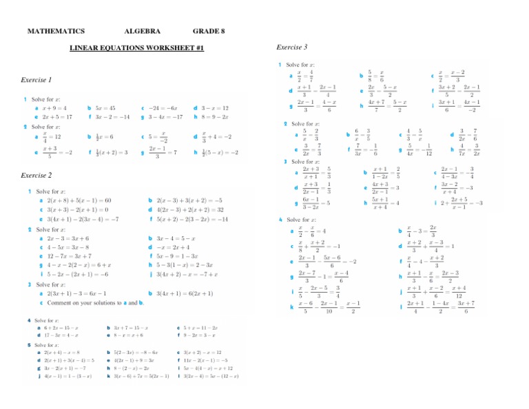 Exercise 3: Mathematics Algebra Grade 8 Linear Equations Worksheet #1 | PDF