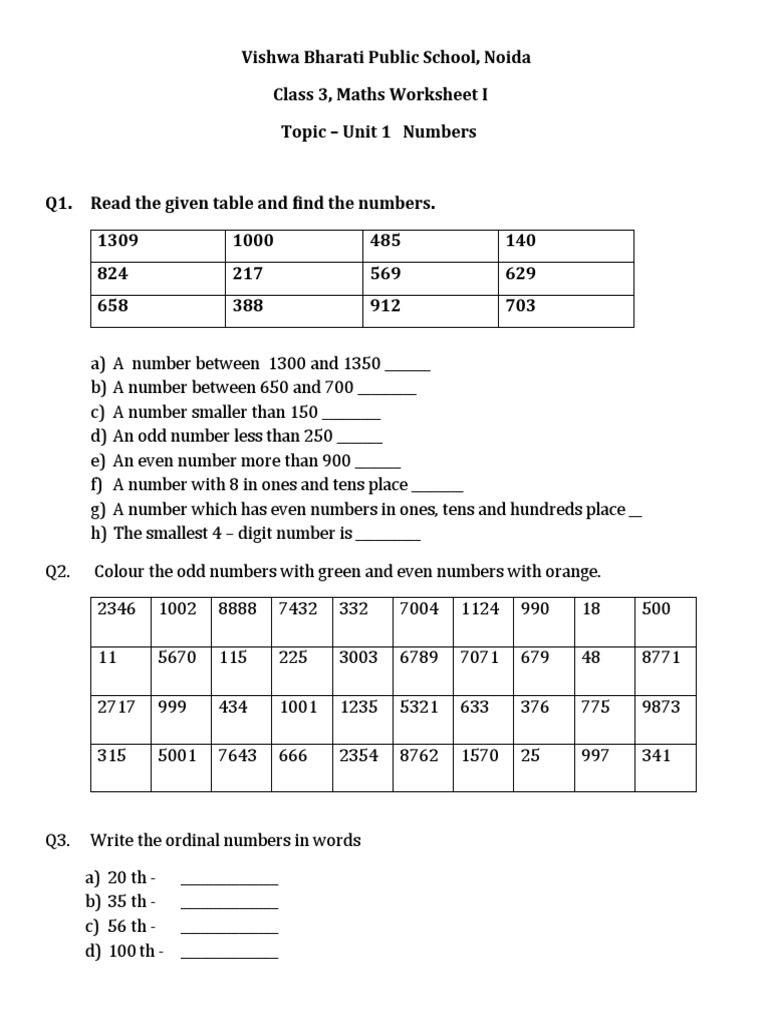 NUMBERS WORKSHEET I Class 3 | PDF | Mathematics