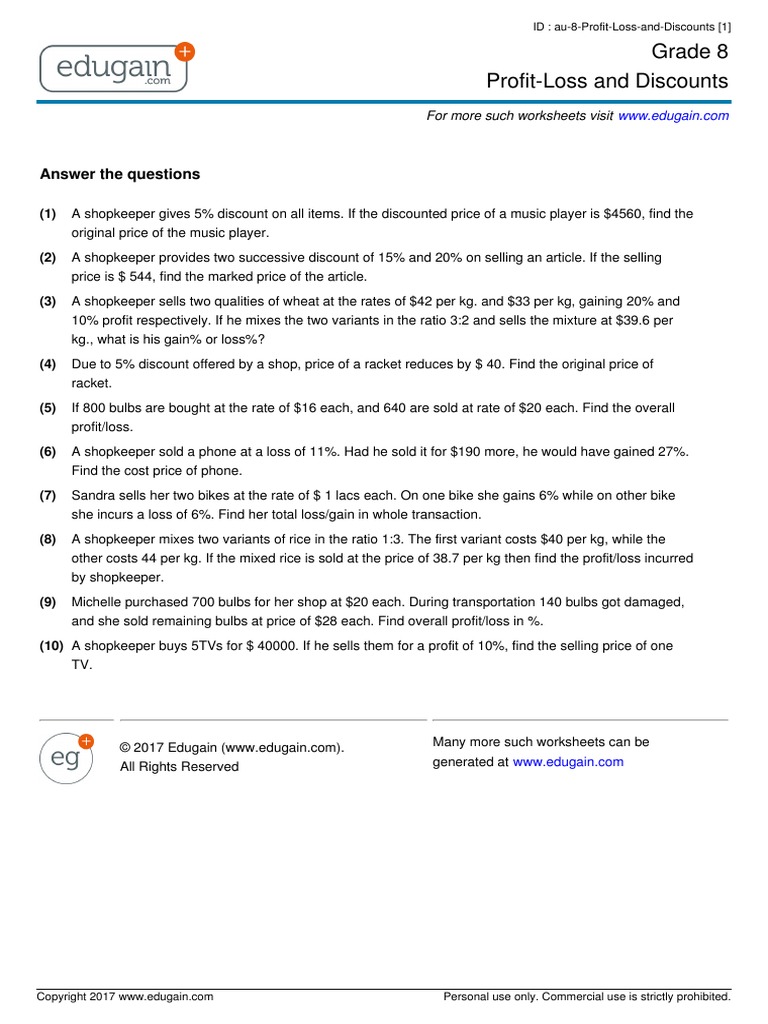 Grade 8 Profit-Loss and Discounts: Answer The Questions | Download Free ...