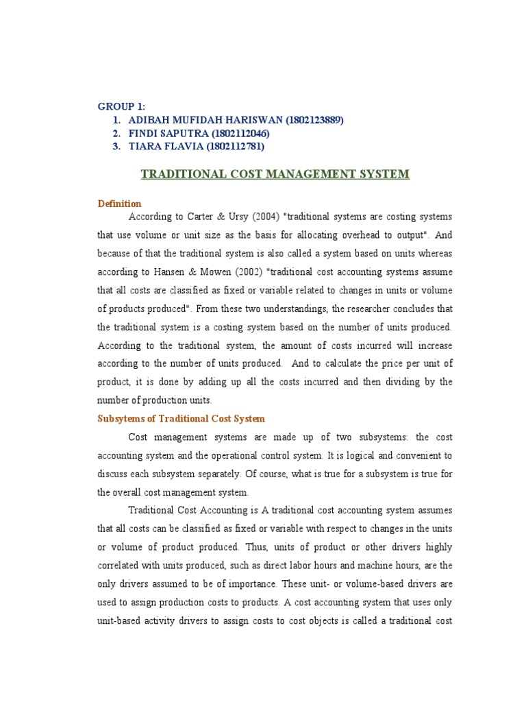 Group 1-Traditional Cost Management System | PDF | Cost Accounting ...