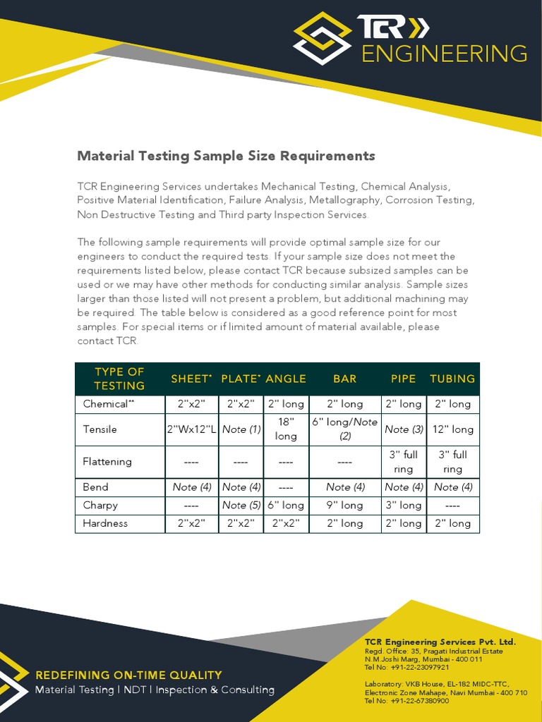 Material Testing Sample Size Requirements | PDF | Pipe (Fluid ...