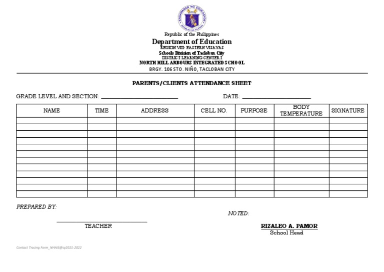 PARENTS ATTENDANCE - Contact Tracing Form - NHAIS | PDF