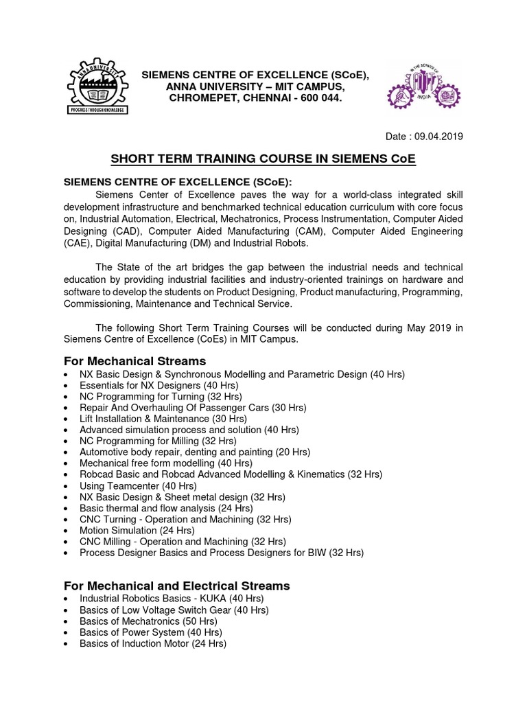 Siemens CoE Short Term Training Courses | PDF | Computing | Engineering