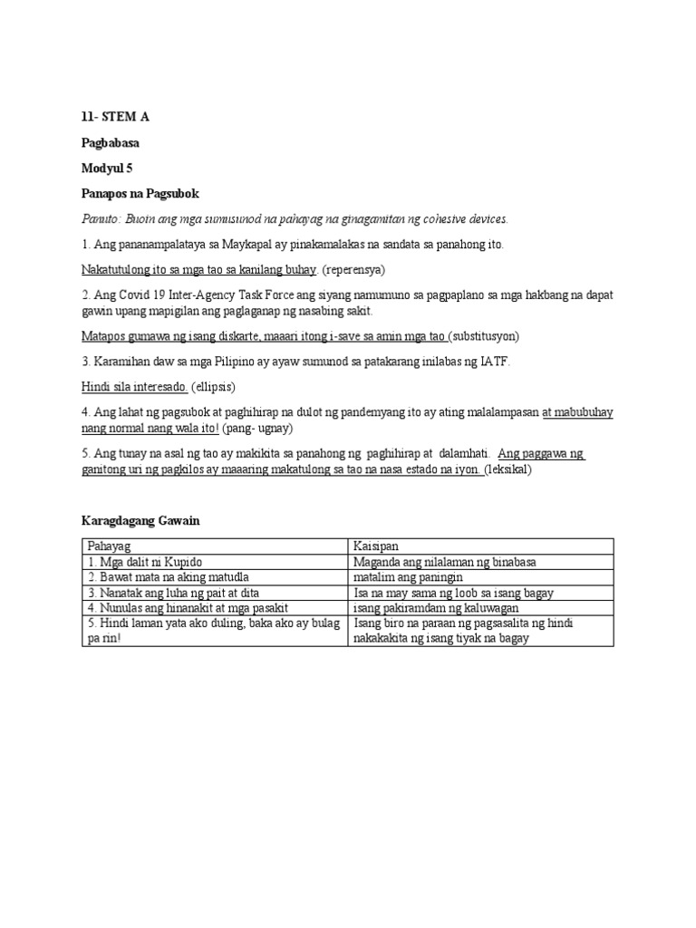 11 STEM A Pagbabasa Module 5 Panapos Na Pagsubok at Karagdagang Gawain ...