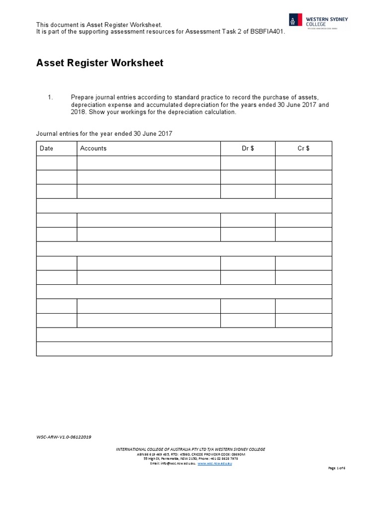 WSC - BSBFIA401 SD Asset Register Worksheet V 1.0 | PDF | Depreciation ...