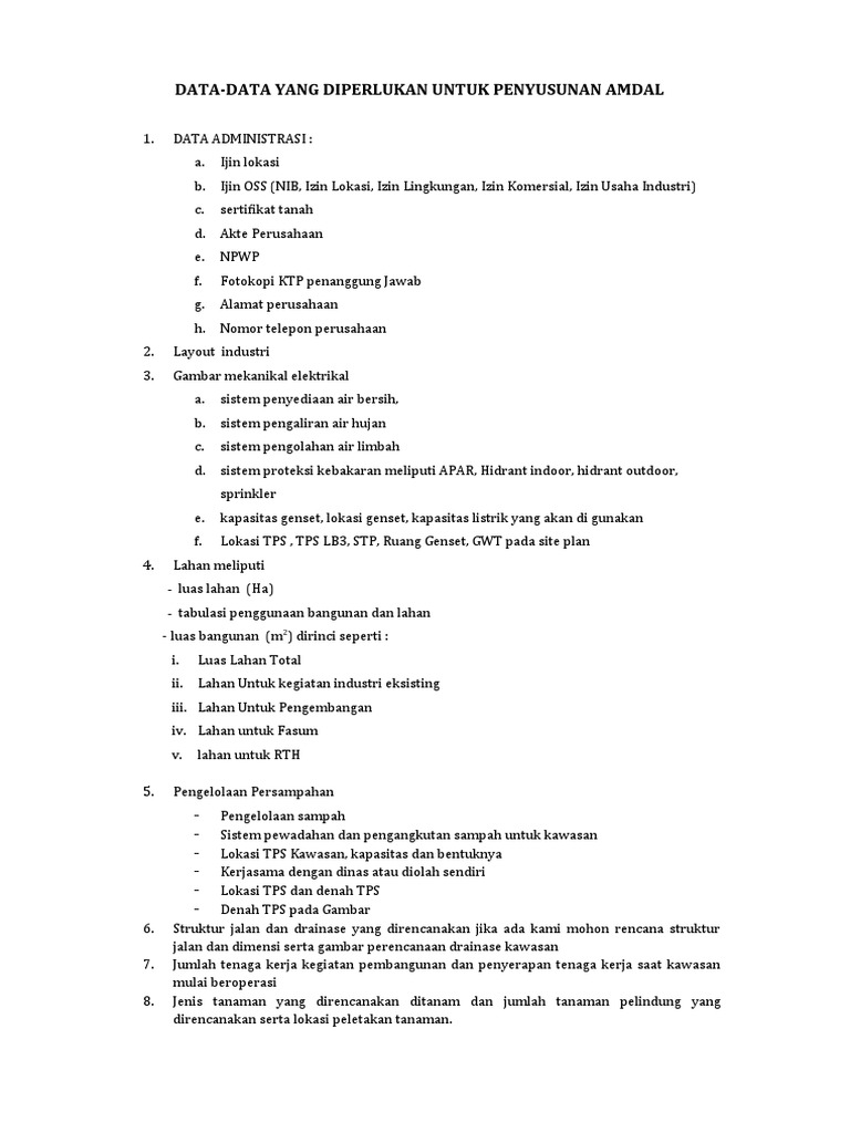 Kebutuhan Data AMDAL | PDF