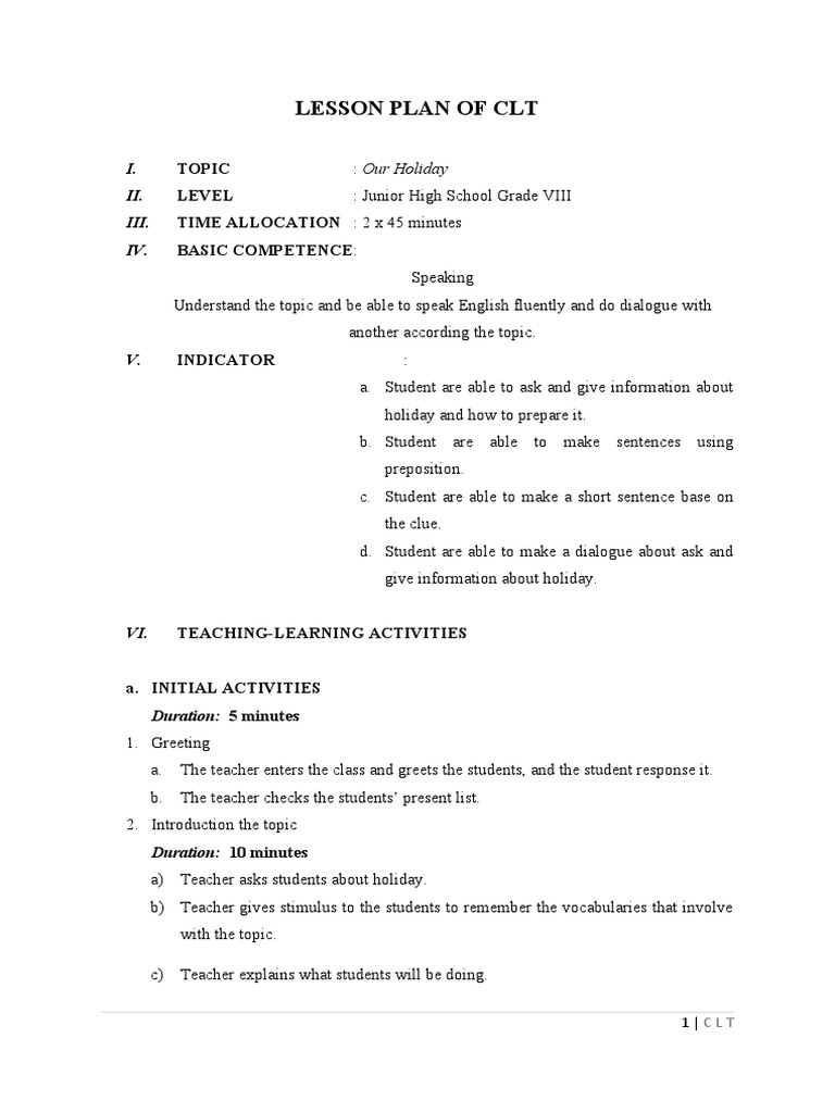 Lesson Plan of CLT: I. II. Iii. IV | PDF | Cognitive Science | Teaching