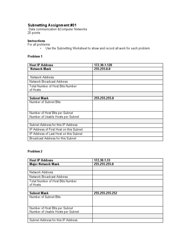 Subnetting Assignment 01 Instructions Pdf Ip Address Computer Network