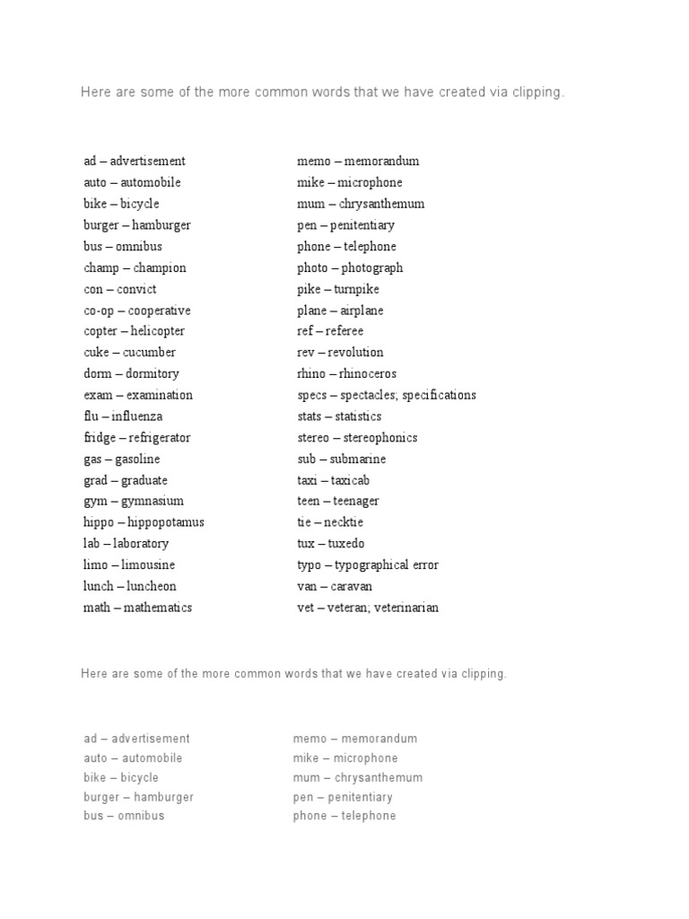 Common Clipped Words List | PDF | Technology & Engineering