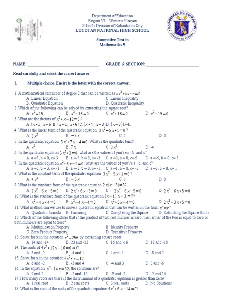 MATH 9 Summative Test | PDF | Quadratic Equation | Equations