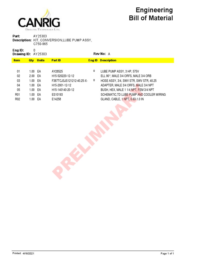 Preliminary: Engineering Bill of Material | PDF | Equipment | Machines