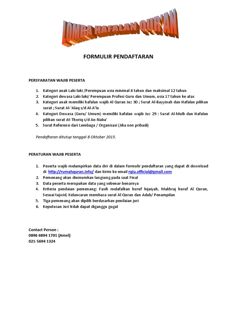 Formulir Pendaftaran Lomba Hafalan Juz 30 2 | PDF | Karier & Perkembangan | Ilmu Sosial