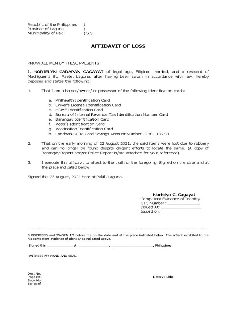 Affidavit of Loss for Multiple IDs | PDF