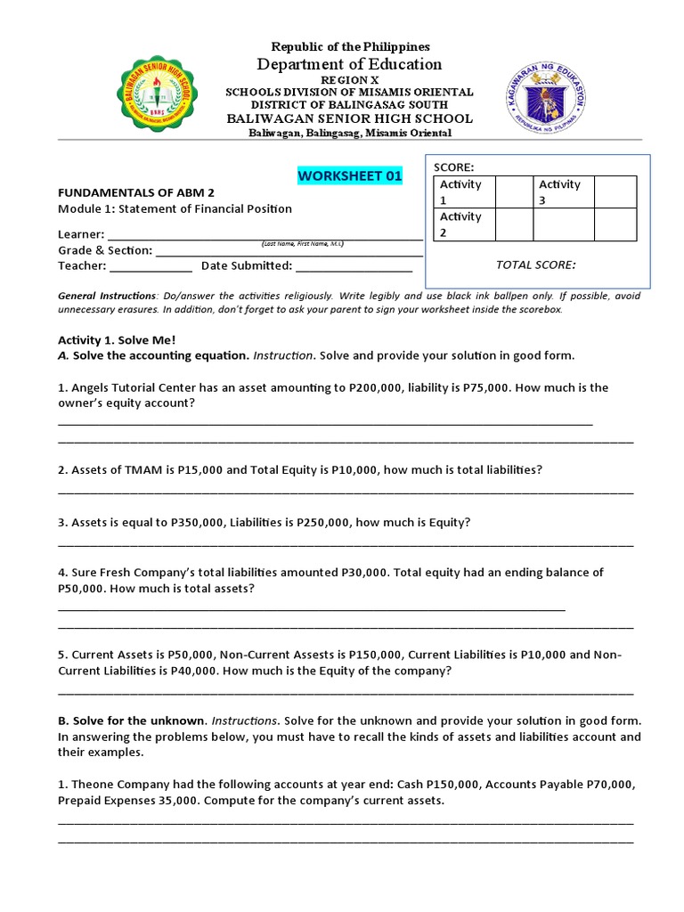 ABM 2 Financial Position Worksheet | PDF | Expense | Balance Sheet