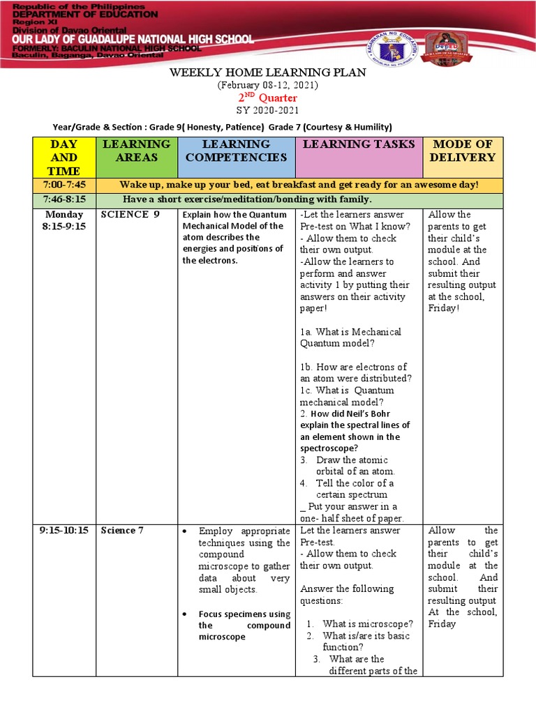 Weekly Home Learning Plan-2nd Quarter | PDF | Reproduction | Chemical ...