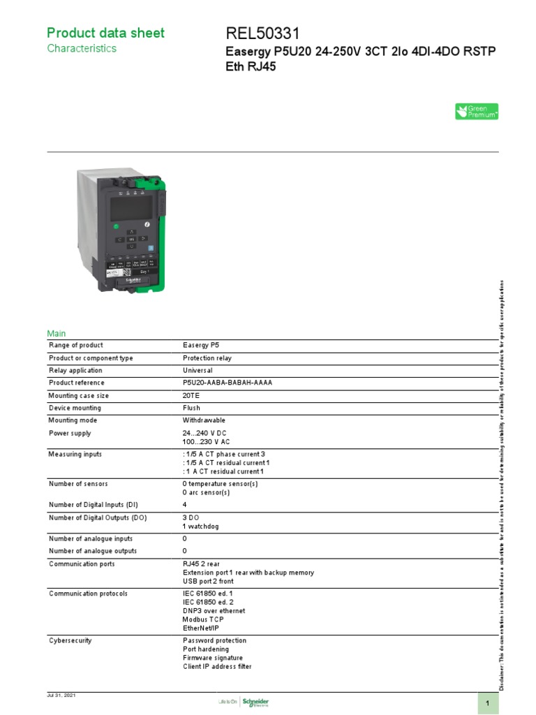 Product Data Sheet: Easergy P5U20 24-250V 3CT 2io 4DI-4DO RSTP Eth RJ45 ...