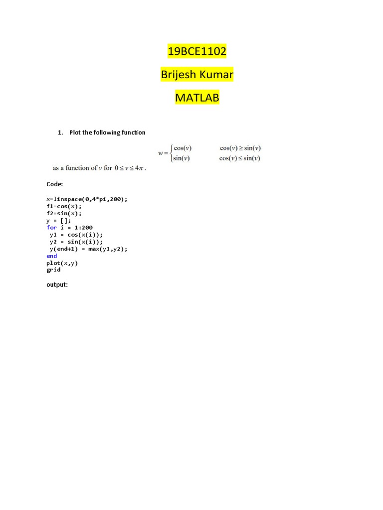 19bce1102 Matlab Revision Problem | PDF