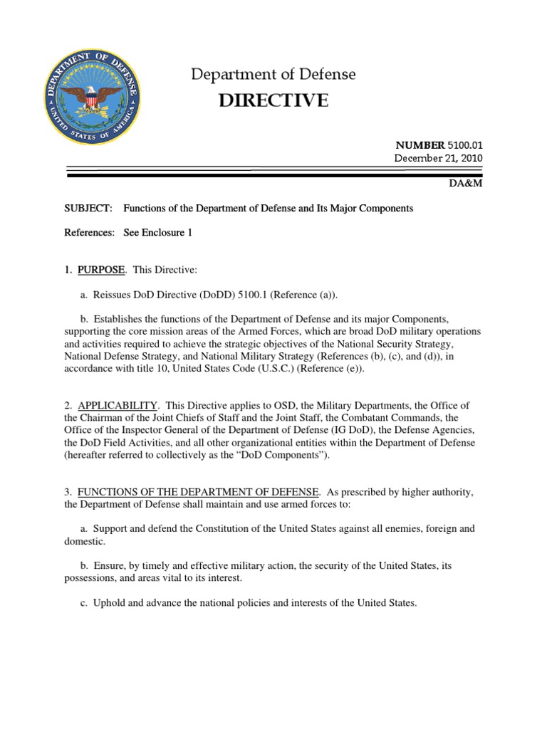 Department of Defense DIRECTIVE NUMBER 5100.01 December 21, 2010 | PDF ...