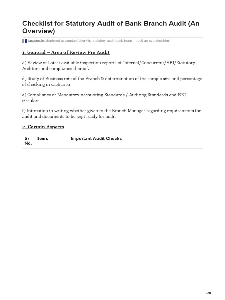 Taxguru - In-Checklist For Statutory Audit of Bank Branch Audit An ...