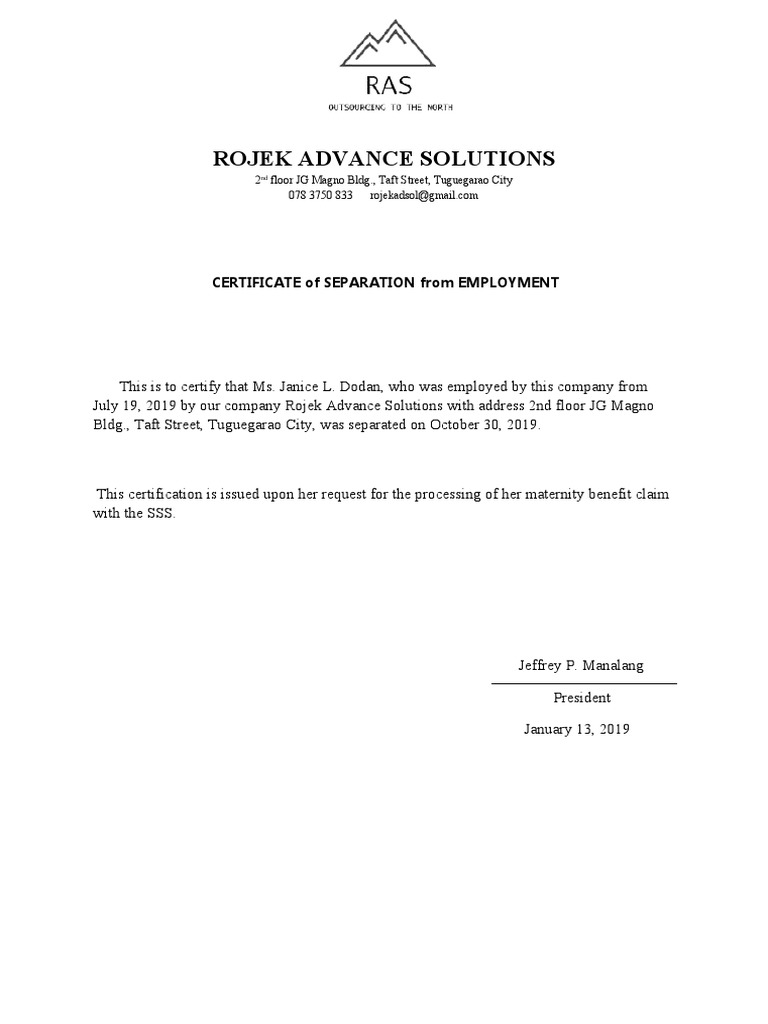 CERTIFICATE of SEPARATION SAMPLE | PDF