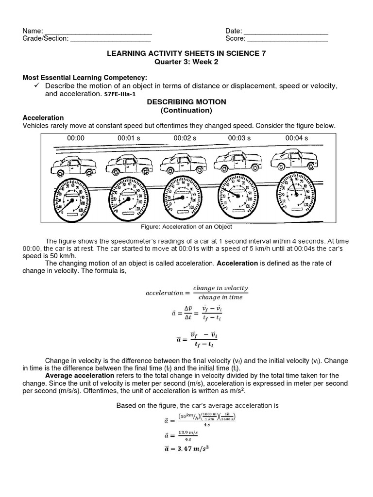 Learning Activity Sheets in Science7 - No. 2 | PDF | Acceleration | Speed